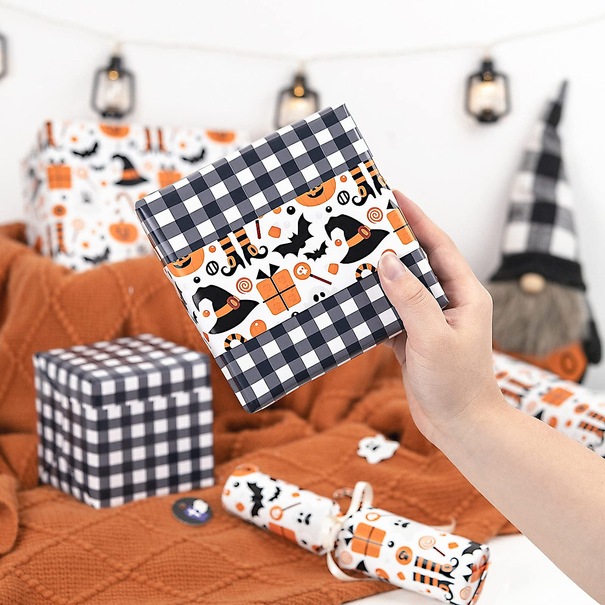 LeZakaa Reversible Halloween Wrapping Paper - Pumpkin, Witch Hat & Black and White Plaid Design for Halloween, Nightmare before Christmas Holiday, Party - 17 inches x 32.8 Feet (46.45 sq.ft.)