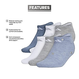 adidas Women's Athletic Cushioned No Show Socks (6-Pair) Low Profile Look with Arch Compression for a Secure fit Discontinued, Heather Grey/Washed Denim Blue Heather/White, M