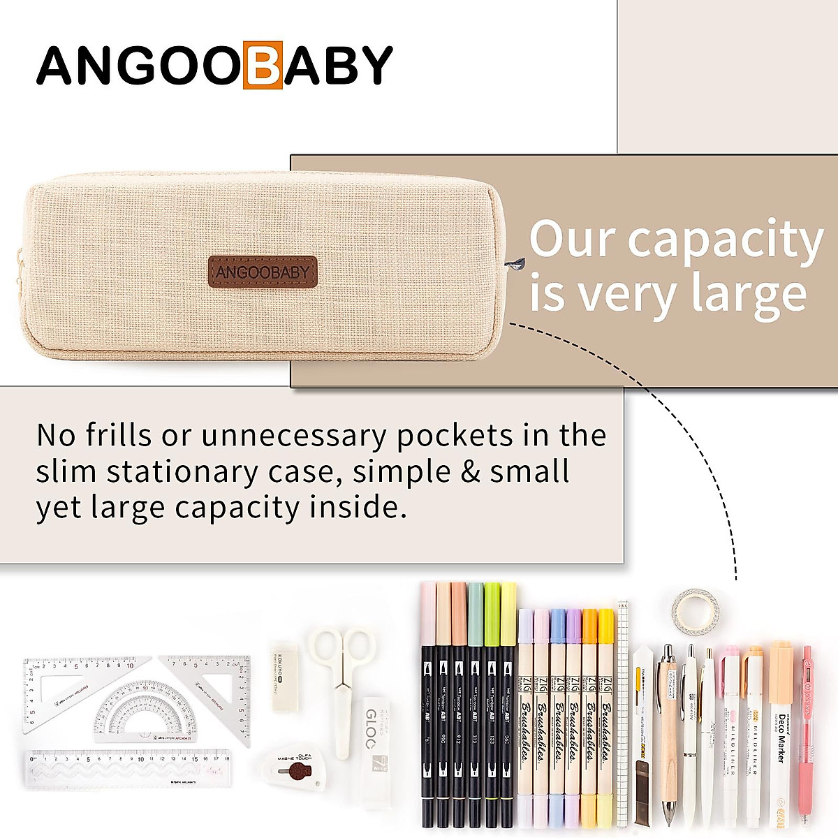ANGOOBABY Small Pencil Case Student Pencil Pouch Coin Pouch Cosmetic Bag Office Stationery Organizer For Teen School-Beige