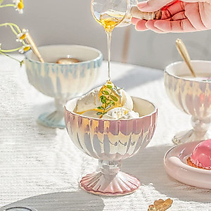 YOKIOU Ceramics Ice Cream Cups with Spoons Reusable Dessert Cups Bowls for Trifle Parfait Sundae and Nuts (Pink)