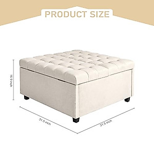 CangLong 31.5" Wide Square Storage Ottoman Bench, Upholstered Tufted Linen Footrest, Coffee Table with Storage for Living Room & Bedroom, Beige