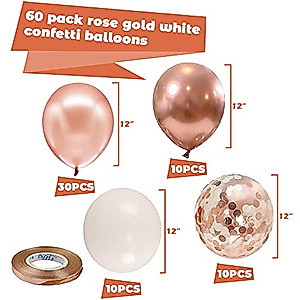 Kalyerparty Rose Gold Balloons, 60 Pack Rose Gold Confetti Balloons 12 inch Rose Gold Balloon White Latex Balloons for Birthday Party Wedding Graduation Bridal Shower Decorations.