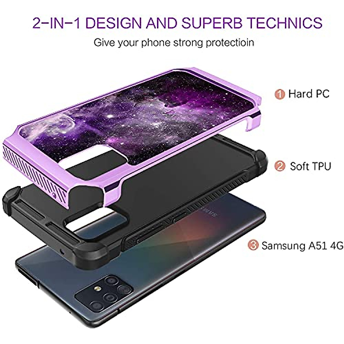 BENTOBEN Galaxy A51 4G Case (NOT Fit 5G Version), Slim Glow in The Dark Shockproof Protective Dual Layer Hybrid Hard PC Soft TPU Bumper Nebula Space Design Phone Case for Samsung Galaxy A51 4G, Purple