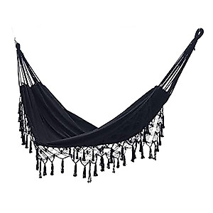 Xuanmuque Double Sized Boho Macrame Black Hammock with Elegant Tassels and Fishtail Knitting 485Lbs Includes Tie Ropes and Black Drawstring Bag for Women