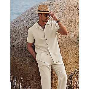 COOFANDY Men Beach Linen Outfits Sets 2 Piece Cuba Guayabera Shirts Summer Island Sets