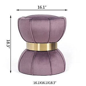 Joveco Round Velvet Ottoman, Upholstered Vanity Stool Footrest Footstool Side Table Seat with Metal Band for Makeup Room Living Room Bedroom (Purple)
