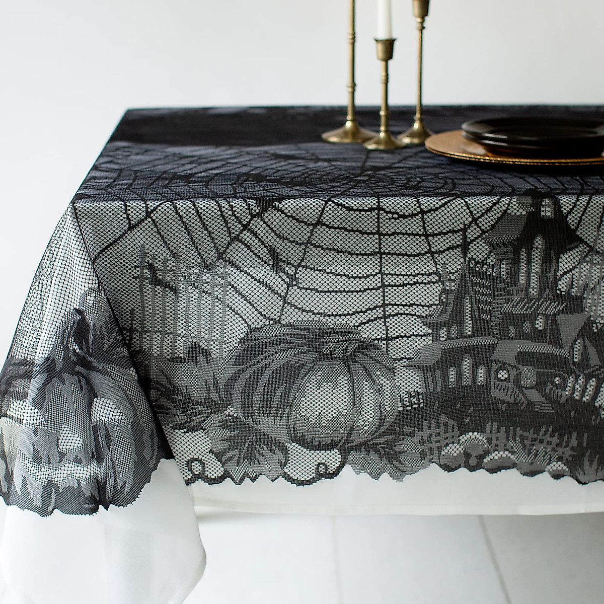 Benson Mills Halloween Fabric Tablecloth, Halloween Table Cloth for Dinners and Parties (Spooky Spirits Web Lace, 60" x 104" Rectangular)