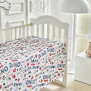 Dinosaur Crib Bedding Set - 3 Pieces Navy Dino Baby Quilted Crib Comforter with Crib Fitted Sheet and Crib Skirt for Boys Girls Cute Colorful Baby Bed Set with Blue Pink Orange Yellow Dinosaurs