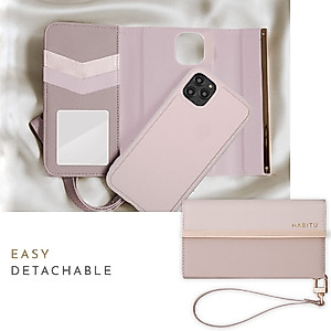 HABITU [Folio Collection 2022] Eris Tri-Fold Pink Wallet Case for iPhone 12/12 Pro, Detachable Vegan Leather Magnetic Folio with Card Pockets, Mirror & Strap for Women, Pink Eris