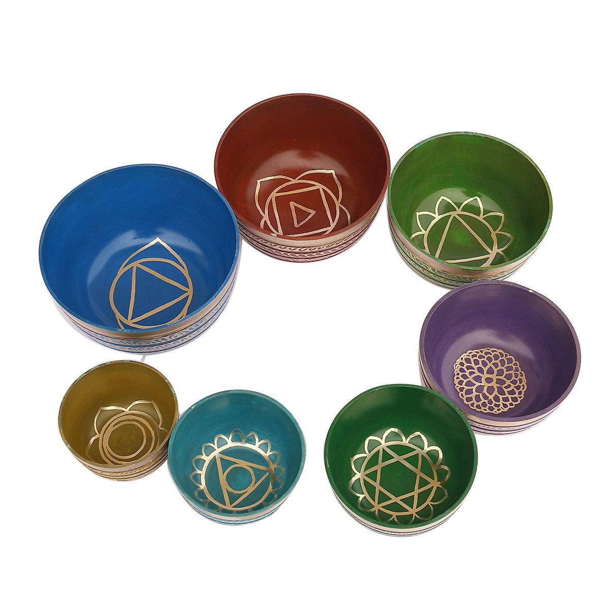 Khusi Tibetan Singing Bowl Set of 7, Handmade, 7 Colors Singing Bowl, Chakra healing, Relaxation, Stress Relief and Spiritual Singing Bowl, Comes w/silk cushions, 4 sticks and Brocade Box