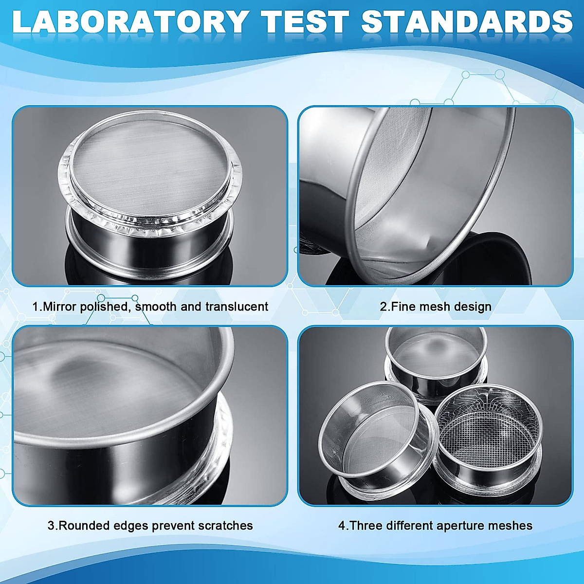 3 Pcs 304 Stainless Lab Sieves 4 Inch Diameter Test Sieve 200 Mesh 0.074 Mm, 50 Mesh 0.355 Mm, 10 Mesh 2 mm Aperture Mesh Sieve for Industrial Laboratory Sifting