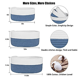 Hombins 3 Set Cotton Rope Storage Baskets with Handles | Round Baskets Set for Organization, Toy Basket, Small Soft Baby Nursery Baskets, Cat Dog Toy Basket, Gift, White&Blue