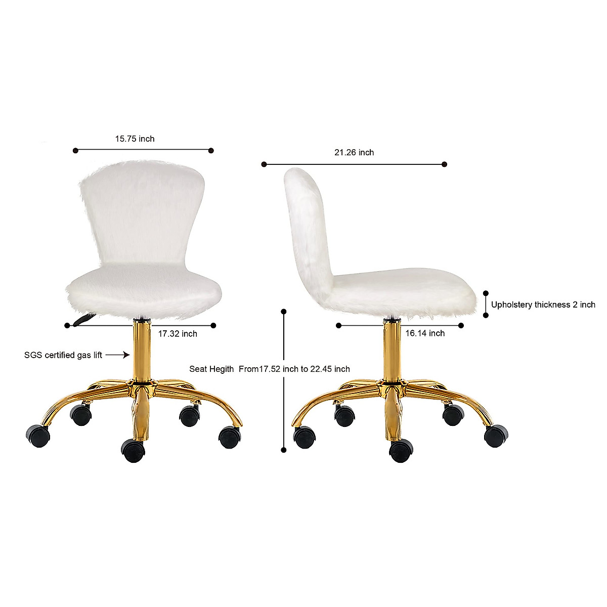 GIA Mid-Back Adjustable Swivel Vanity Chair, Faux Fur White