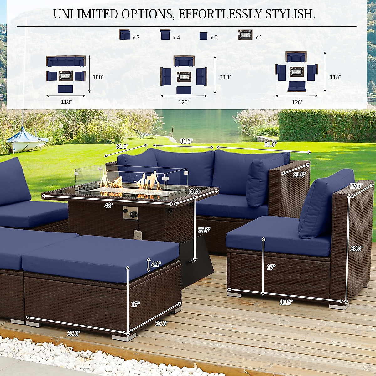 BULEXYARD High Back Brown PE Rattan Outdoor Patio Furniture Set with Propane Fire Pit Table, Large Wicker Outside Sectional Furniture Sofa Conversation Sets for Backyard(Navy Blue, 9Pcs)