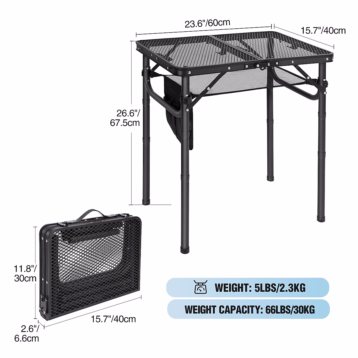 RedSwing Folding Grill Table, Lightweight Height Adjustable Aluminum Table with Mesh Desktop and Mesh Bag for Outdoor Camping Picnic BBQ, Small 2 Feet, Black
