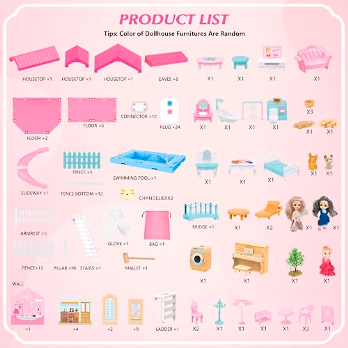 Doll House, Dream House for Girls 3 Stories 7 Rooms Dollhouses with 3 Dolls Toy Figures, Swim Pool, Slide, Furniture and Accessories, Pretend Playhouse Gift Toy for Kids Ages 3 4 5 6 7 8+