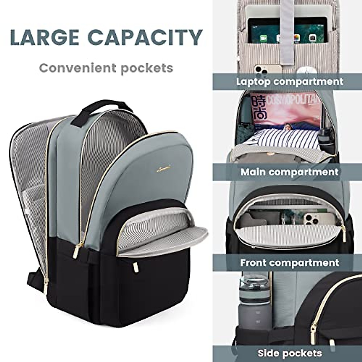 LOVEVOOK Laptop Backpack for Women, Travel Backpack Light Weight, Large Capacity Computer Backpack Purse for Work, Casual Daypack with USB Charging Hole(Black-Grey-1,15.6 Inch)