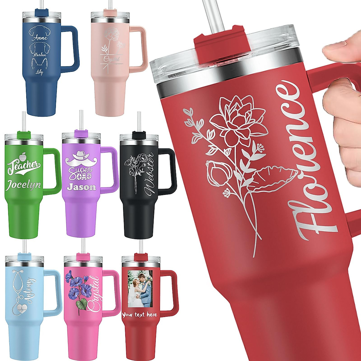 Personalized 40oz Tumbler with Handle and Straw Custom Insulated Cups with Engraved Name Birth Month Flowers Stainless Steel Travel Coffee Mug Customized Gifts for Women Men