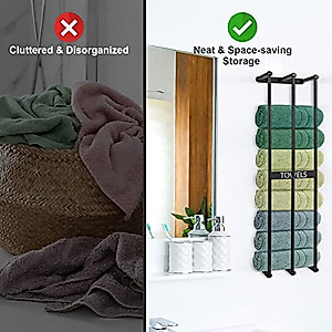 KOCWELL Towel Racks for Bathroom Wall Mounted, 3 Bar Bathroom Towel Holder with Extra 4 Suction Cups and 5 Hooks, Bathroom Towel Storage, Metal Bath Towel Holder for Large Towel Washcloths, Black