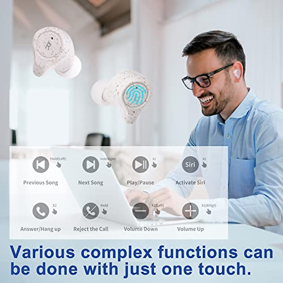 XINLIANG Headphones Wireless Bluetooth, in-Ear Earphones Microphone and Touch Control Call Noise Cancelling Earbuds Wireless and USB-C Charging Headphones Lightweight Earbuds with iPhone Android, PC