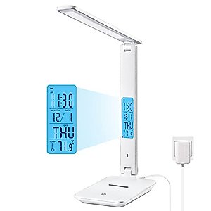 Desk Lamp LED Desk Light, Smart Features(Clock, Alarm, Date, Temperature)-Adjustable, Foldable Touch Table Lamp, 3 Levels of Dimmable Lighting - Suitable for Office, Bedroom, Study (TC25 White)