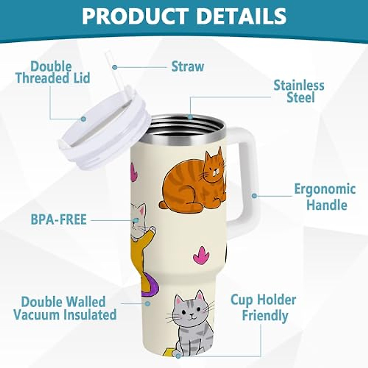 Nexawaveo Cats Doing Different Yoga Poses Beige Tumbler with Handle and Straw 30-40 oz Lid Cup Holder Compatible for Travel Insulated Stainless Steel Cup Food Grade PP Gifts for Him Her BPA-free
