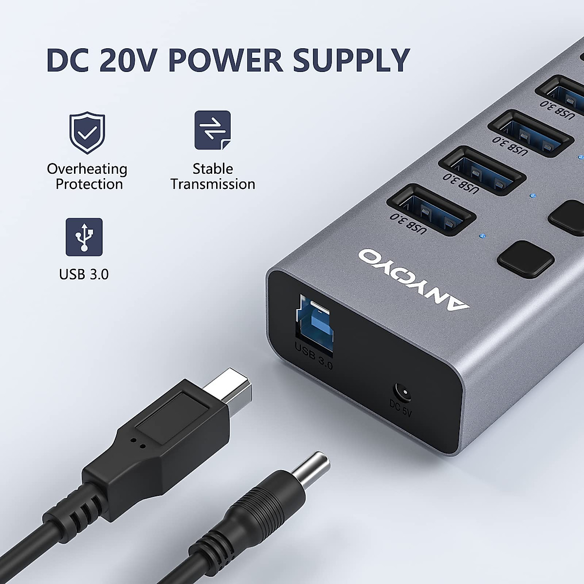 ANYOYO Powered USB 3.0 Hub 6 USB 3.0 Data Ports with SD/TF Card Readers with Individual On/Off Switches (8Ports)