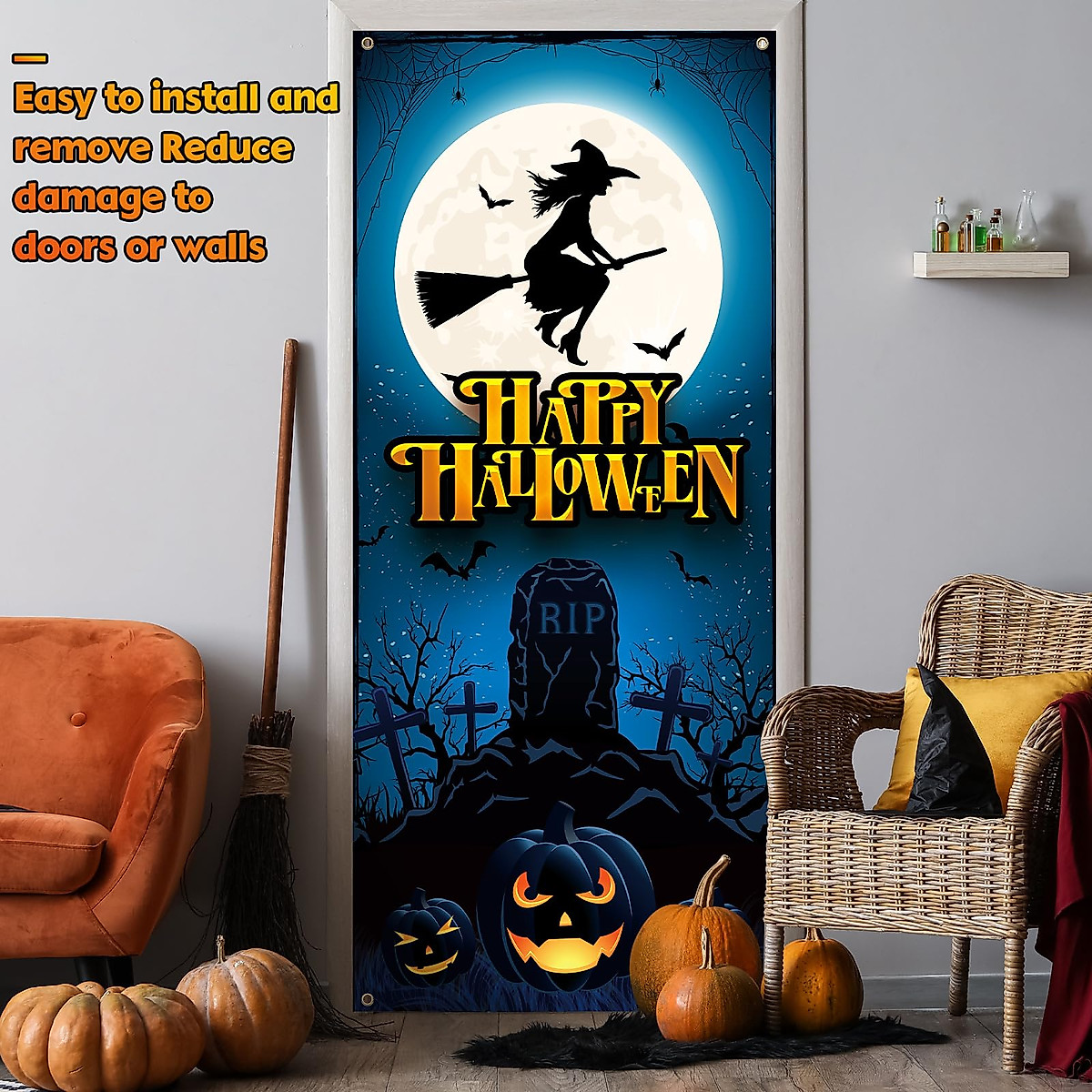 Panelee Halloween Door Decorations 79 x 35 Inches Skeleton Witch Window Door Cover Photo Posters Banner Backdrop Halloween Wallpaper Sticker for Front Door Porch Halloween Party Supplies(Moon, Witch)