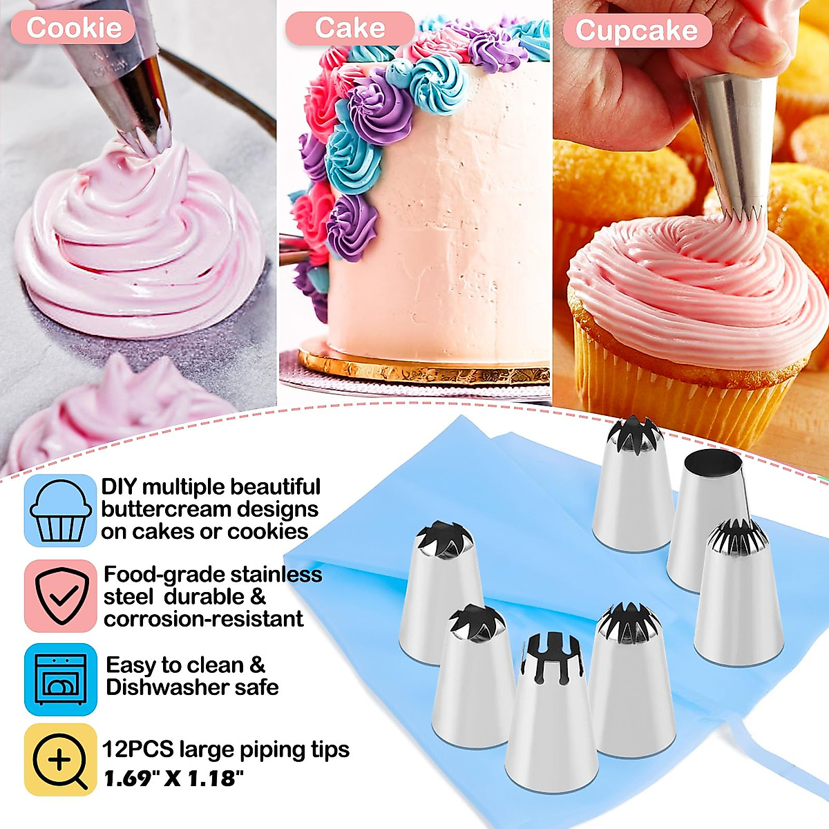 12PCS Large Piping Tips Set, Stainless Steel frosting tips with Reusable Pastry Bag, Cake Decorating Tips Set for DIY Pastry Dough, Cookie, Cupcake, Cake