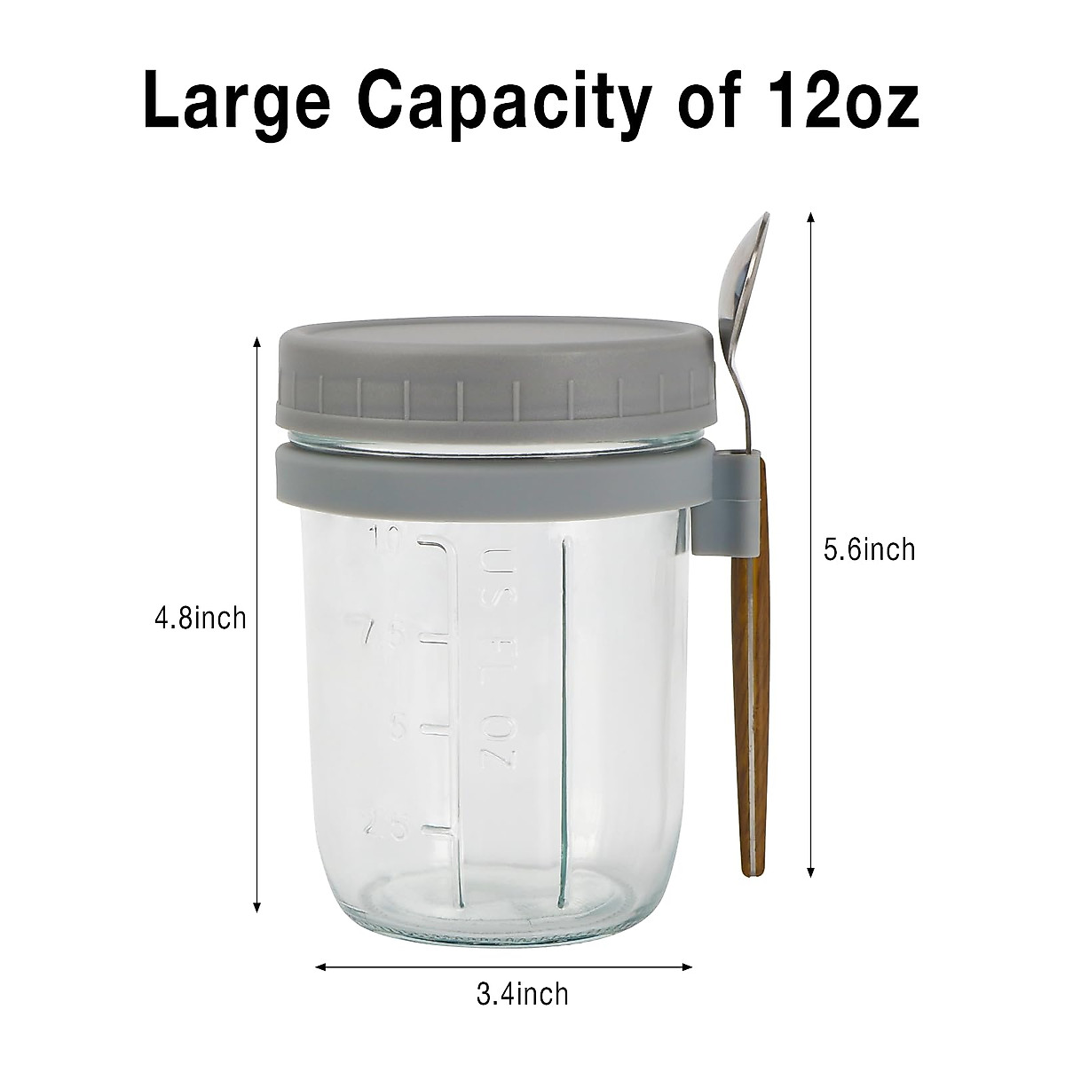 HOXHA Overnight Oats Containers With Lids And Spoon Glass Mason Jars Reusable With 12 Oz Measurement Marks For Cereal Yogurt And Parfait