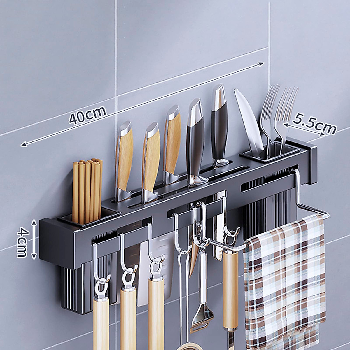 Jaugufiy Kitchen Wall Mount Utensil Rack, Cookware Cutlery Holder Utensil Wall Organizer for Spoons, Knives, Forks, Chopsticks(Black)
