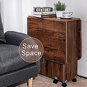 EazeHome Mobile Folding Dining Table, Versatile Dinner Table with 6 Wheels and 2 Storage Racks, Drop Leaf Table for Space Saving Extendable Kitchen Table, Brown Foldable Table