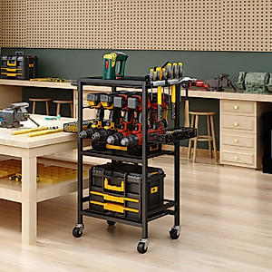 Power Tool Organizer Cart with Wheels, Garage Tool Shelf Drill Holders Garage Storage Organization Shelves with Screwdriver Heavy Duty Rack for Workshop Tool Room and Outdoors Working