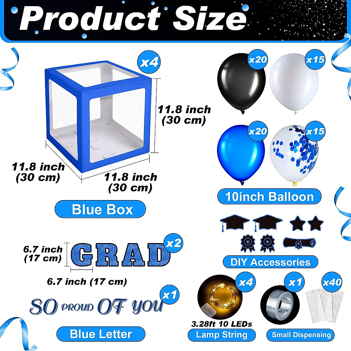 Civaner 98 Pcs Graduation Decorations Party Supplies 4 Grad Balloons Boxes 12 Letter 70 Graduation Balloons Graduation Sticker Set Kit for 2024 Graduation Party Decor(Blue)