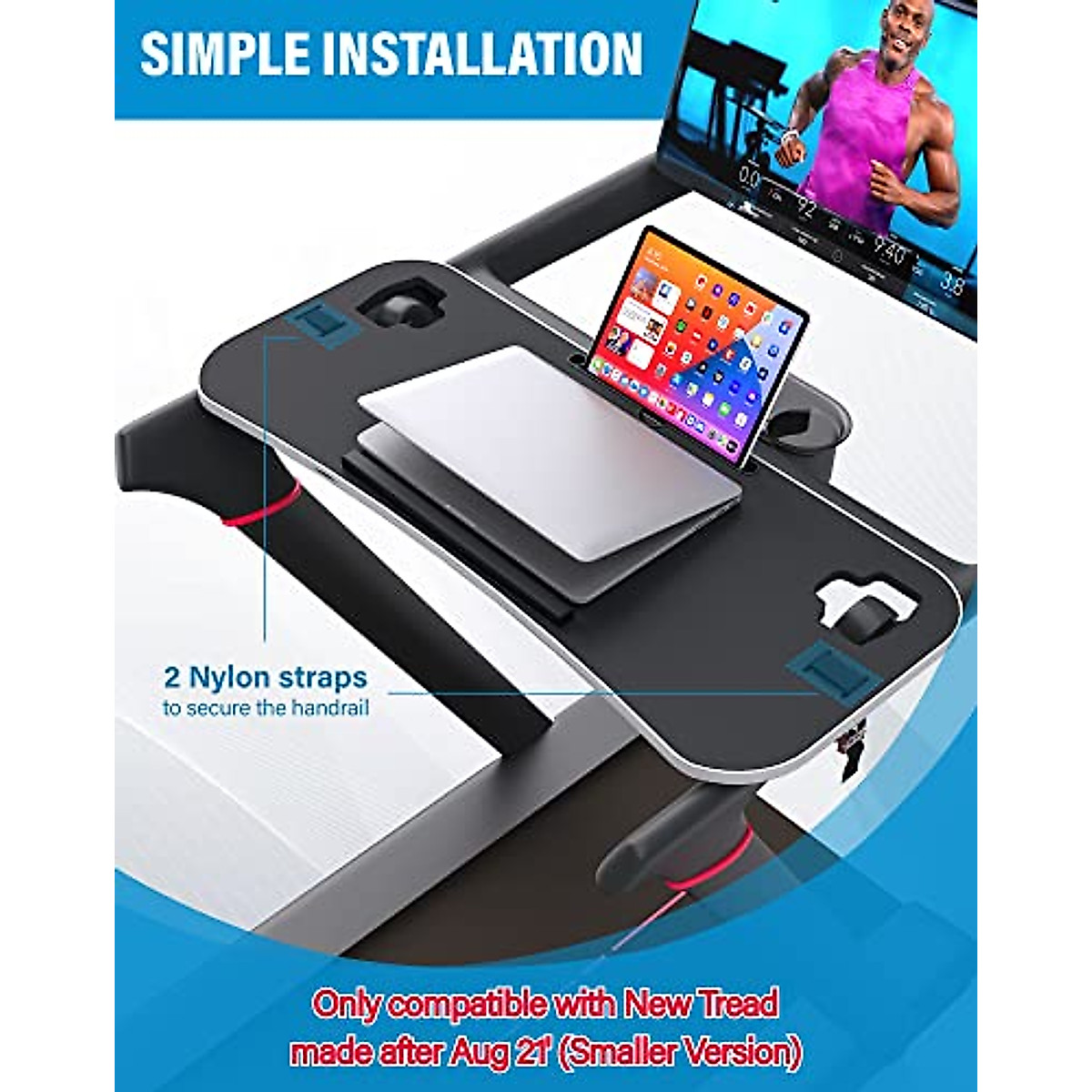 New Tread Laptop Tray, Treadmill Desk Tray, Upgrade 36" Treadmill Laptop Holder, Ergonomic Treadmill Laptop Desk with Protective Guard & Tablet Holder for Phone, Exercise Workstation, Easy Mount Tray