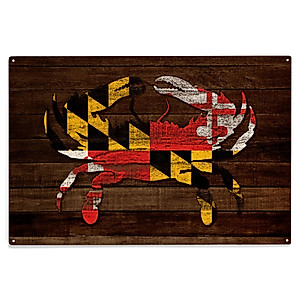 Lantern Press 10x15 Inch Wood Sign, Ready to Hang Wall Decor, Maryland, Dark Rustic State Flag, Crab, Image Only
