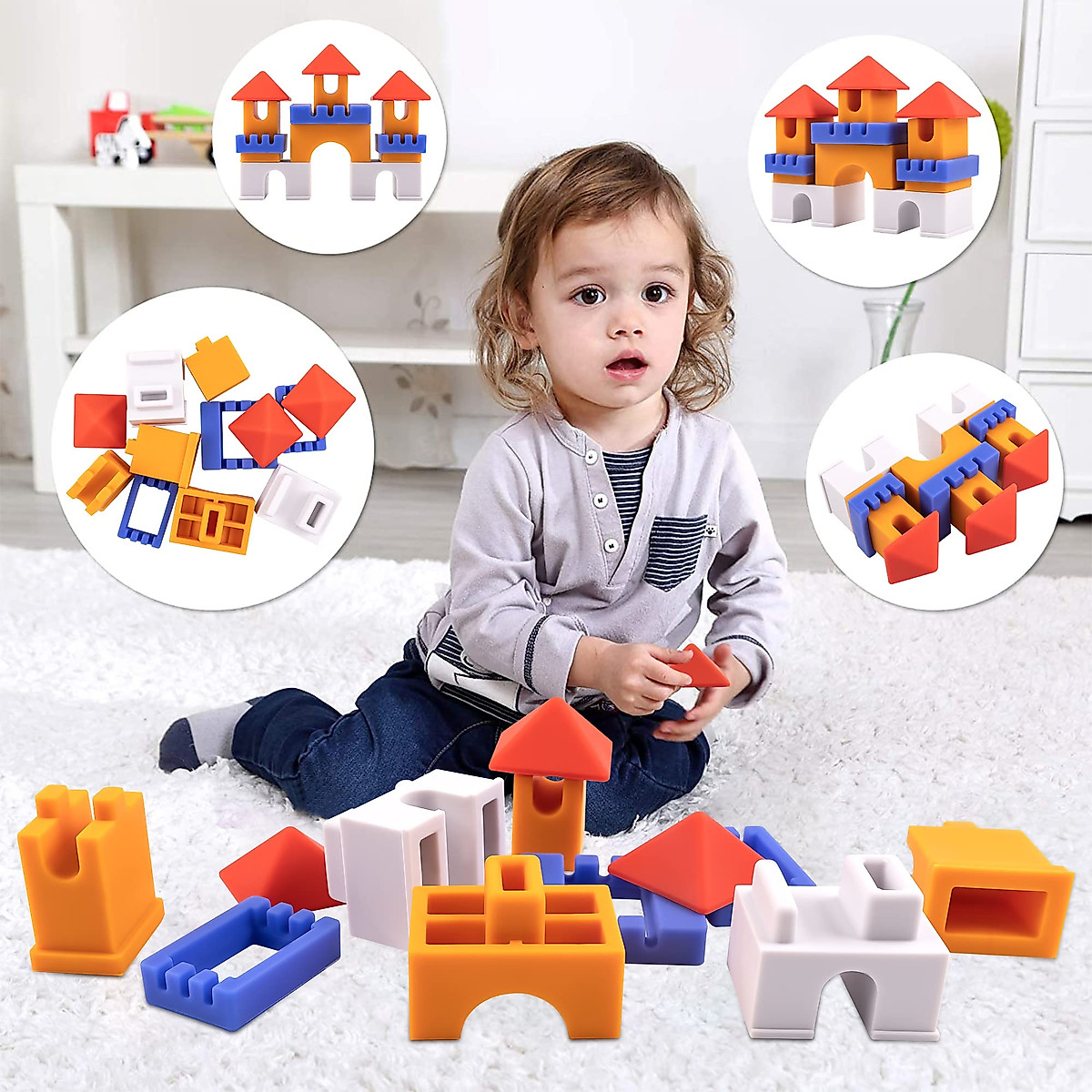CHIN FAI Silicone Stacking Blocks, 12 PCS Baby Soft Castle Building Blocks - Montessori Kids Stacking & Nesting Toys for Babies 6 Months and up (Red)