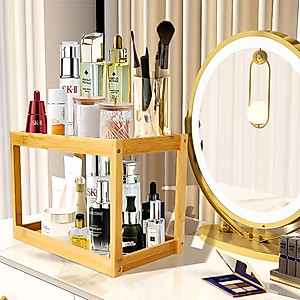 Bamboo 2-Tier Countertop Organizer, Multi-Function Wooden Storage Tray for Bathroom, Kitchen, Bedroom, Dresser; Wood Under-Sink Container, Home Storage Holder Lotion Makeup Cosmetics Perfume Vanity