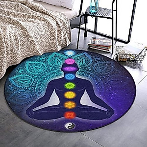 Modern Round Area Rug, Non-Slip Machine Washable Kitchen Office Circle Rug, Room Sofa Yoga Soft Round Carpet Compatible with Nine Chakra Yoga Meditation Lotus Blue Mandala 36inch(90cm)