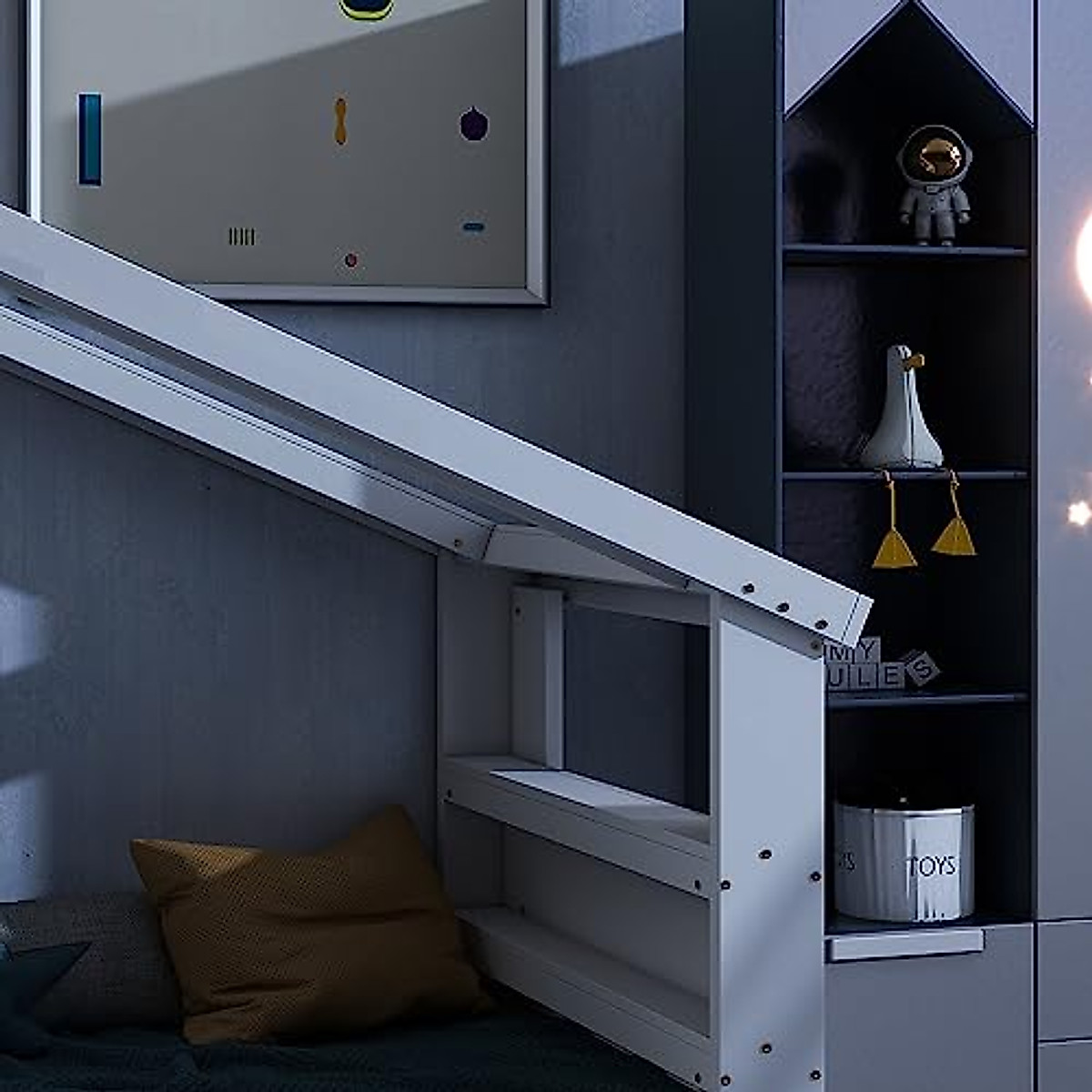 AnwickNomo Solid Wood Twin Canopy Platform Bed Frame with Roof Window and LED Light, Twin House Floor Bed Frames for Kids, Boys, Girls, Teens, Mattress Foundation, No Box Spring Needed (White)