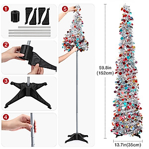 Christmas Tree, 5Ft Artificial Christmas Tree Decorations Pencil Xmas Tree for Home Party Office Fireplace Holiday Decorations (Silver)