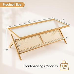 GOFLAME Bamboo Coffee Table, 2-Tier Rectangular Coffee Table with Glass Tabletop, Modern Center Table with Handwoven Rattan Storage Shelf, 48” Tea Table Cocktail Table for Living Room, Office, Natural