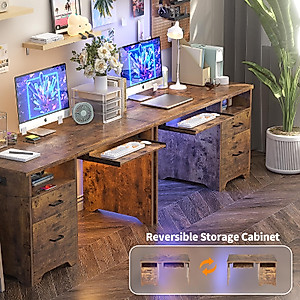 Hyomdeck Office Desk with File Cabinet, 55 Inch Reversible Computer Desk with Smart LED Light and Power Outlet, Sturdy Gaming Desk with Keyboard Tray & Storage Drawers, Easy to Assemble, Rustic Brown