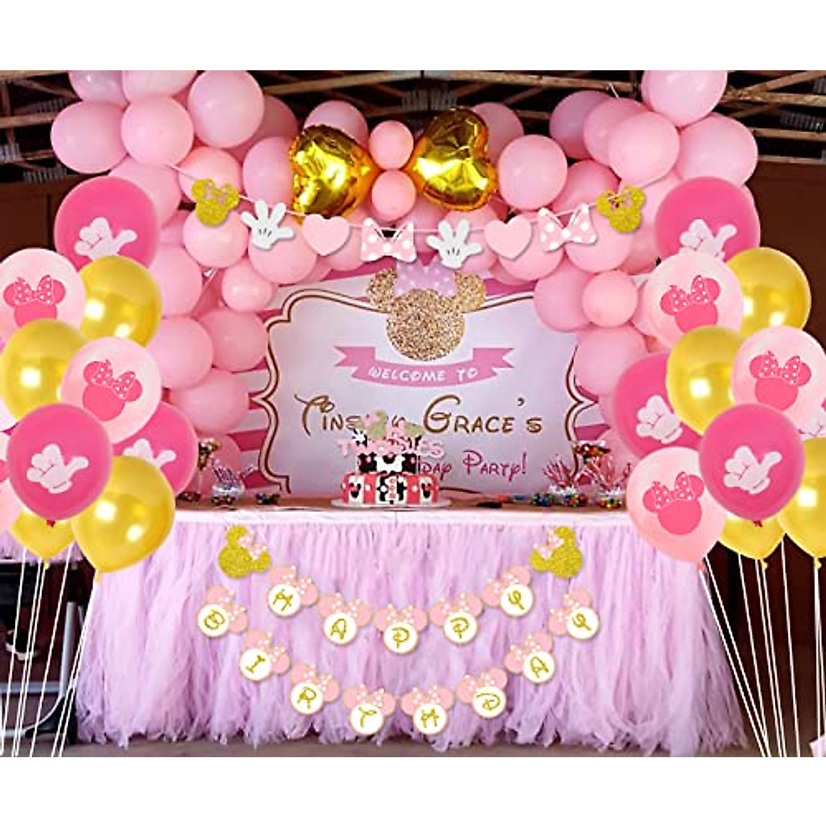Cartoon Mouse 2nd Birthday Decorations for Girl Pink and Gold Oh Twodles Birthday Party Supplies with Cake Topper Number 2 Foil Balloon Happy Birthday Banner Garland for Cartoon Mouse Themed Party Decorations