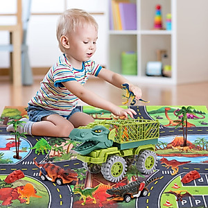 skirtoy Dinosaur Toys for Kids, Dinosaur Transport Truck with Activity Playmat, 2 Friction Powered Vehicles, 4 Colorful Dinosaur Figures, Small Dino Carrier Cars Birthday Gift for Children Age 3-5-7