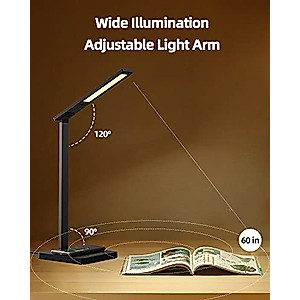 Flymuda LED Desk Lamp with 15W Wireless Charger & USB Charging Port, EyeCare Desk Light with 3 Lighting Modes, 5 Brightness Levels, Touch Control, 24W Adapter, Black Desk Lamp for Home Office