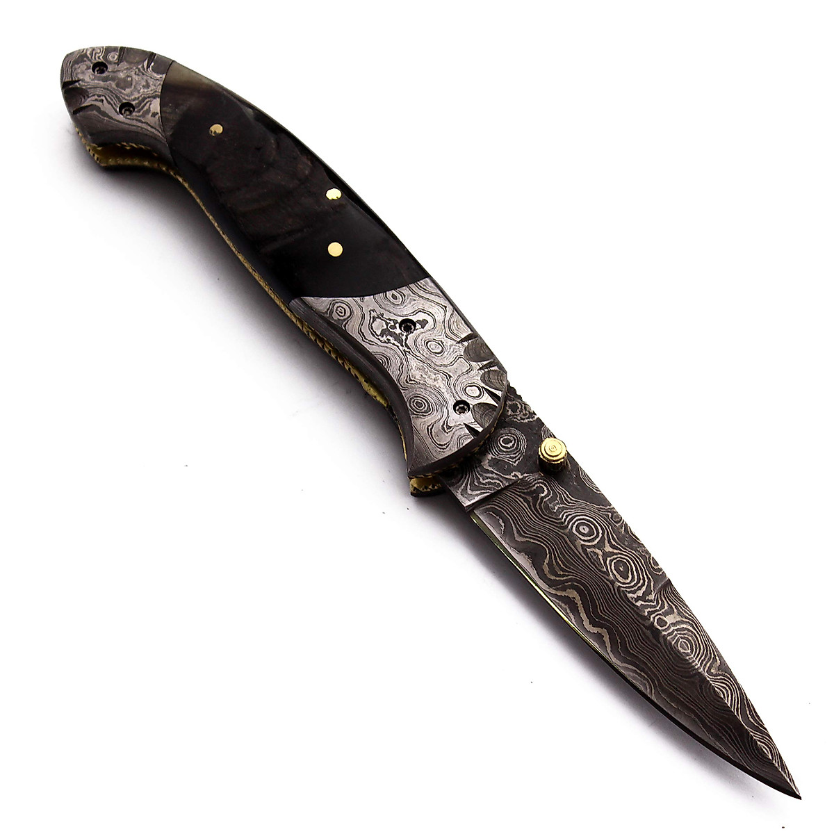 WolfKlinge Handmade Damascus Folding Pocket Bowie Knife For EDC,Hunting,Survival,CampingBushcrfat,Skinning and Fishing with Full Tang Micarta and Cowhide-Leather Sheath For-Men and Women-(DCF97 - Fireball)