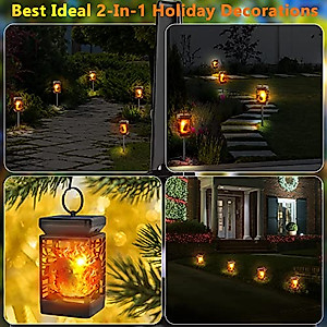 4 Pack Solar Outdoor Lights, AOUNQ 2 in 1 Flickering Flame Solar Hanging Lanterns Outdoor Christmas Decorations, Solar Christmas Lights Outdoor Waterproof LED Flame Lights for Garden Patio Yard Decor