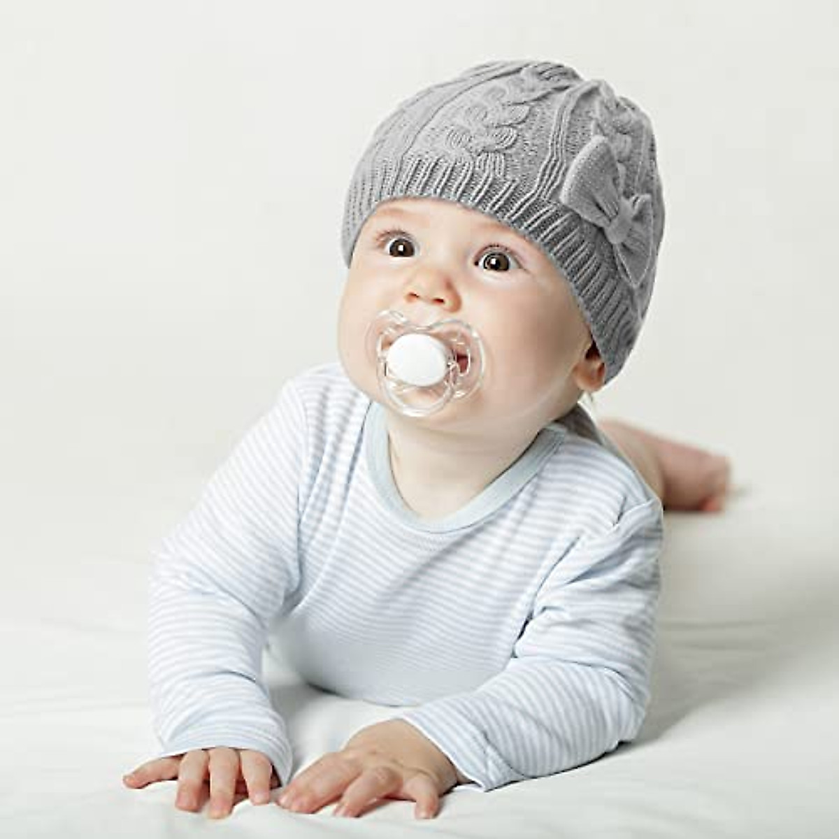 SATINIOR 3 Pieces Fleece Lined Baby Beanie Hat with Bow, Infant Newborn Toddler Kids Winter Warm Knit Cap for Boys Girls (Beige, Pink, Grey,0-6 Months)
