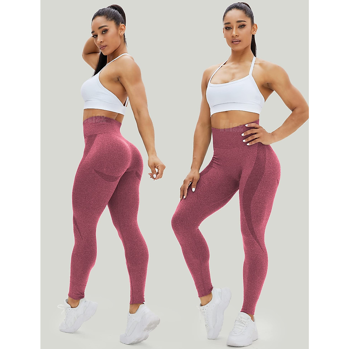 HIGORUN Women Seamless Leggings Smile Contour High Waist Workout Gym Yoga Pants Burgundy L